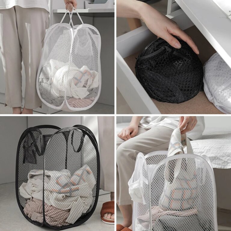 Folding Laundry Sorting Basket: Mesh Storage Bag